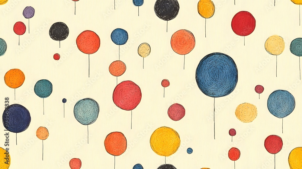 A colorful pattern of circles with a tree in the middle. The circles ...