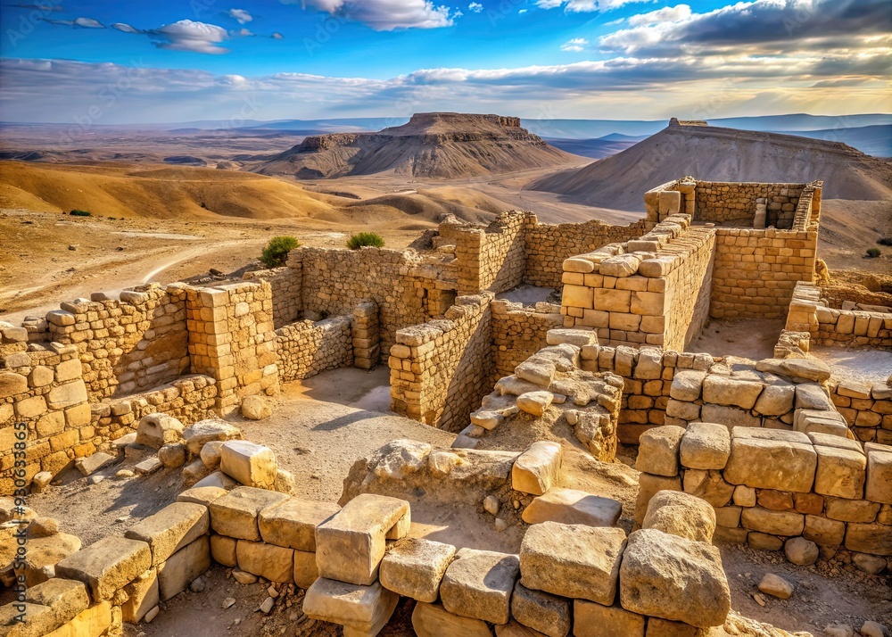 Ancient stone walls and crumbling ruins of a biblical city surrounded ...