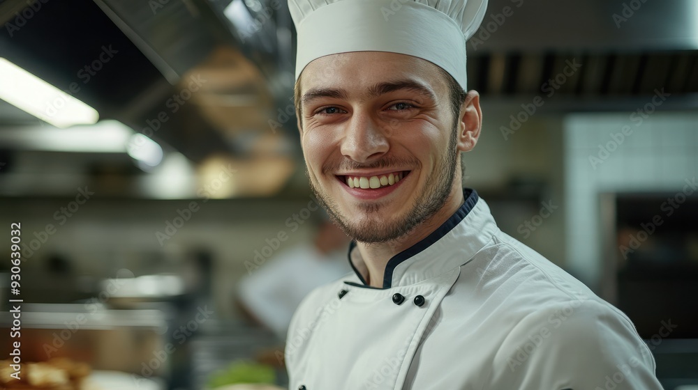 Young male caucasian chef working in a restaurant kitchen smiling ...