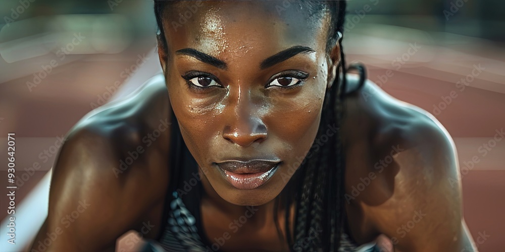 female sprinter in the set position about to start a race, ready to ...