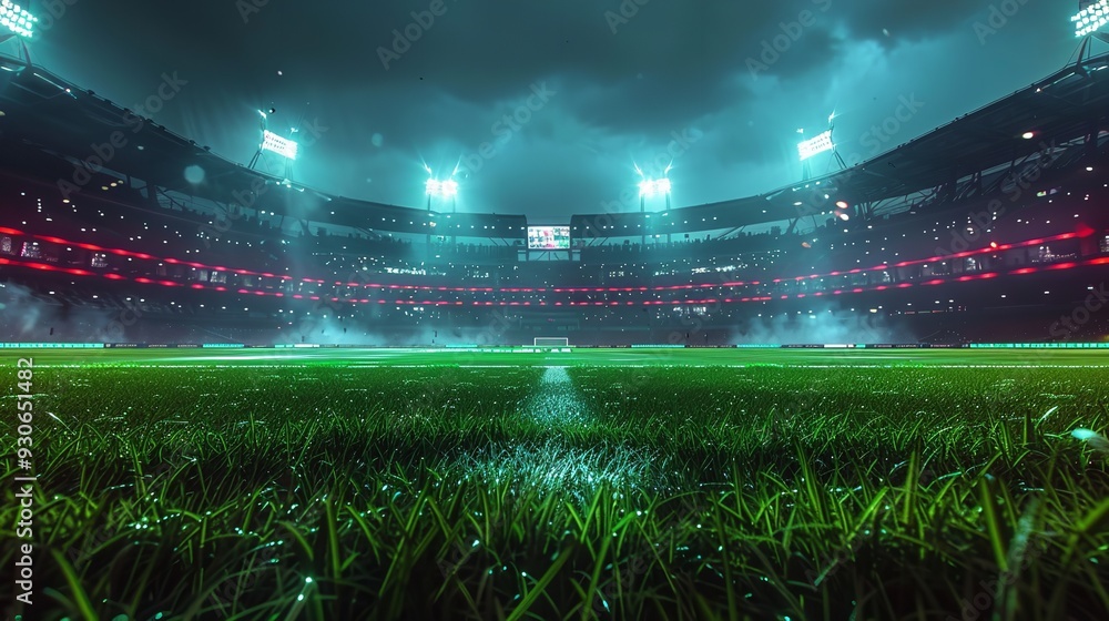 Aerial view of realistic oval sports stadium with floodlights and ...