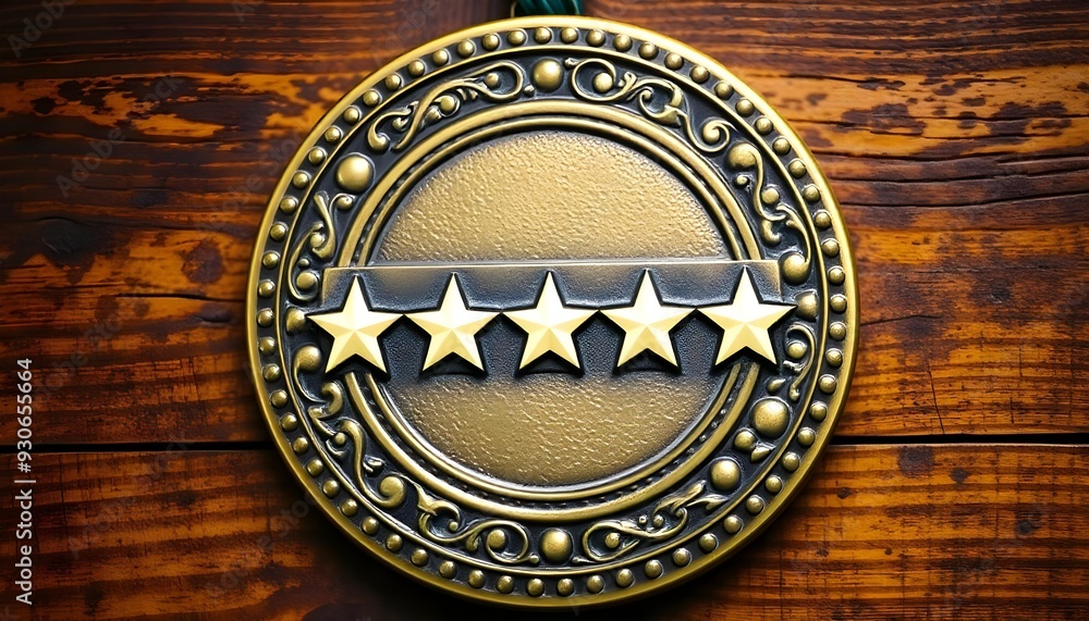 Five-star rating embedded in a badge or emblem, symbolizing a seal of ...