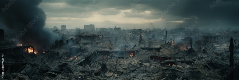 Apocalyptic landscape. An apocalyptic disaster, a city destroyed by ...