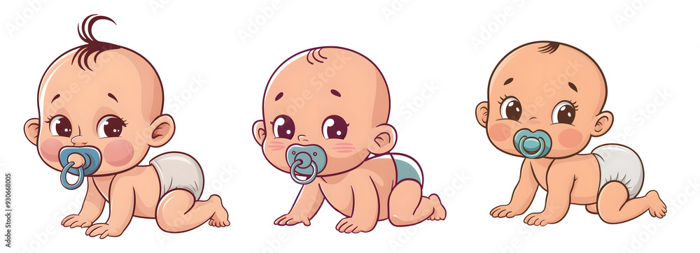 Adorable Crawling Babies with Pacifiers in a Cute Cartoon Style ...