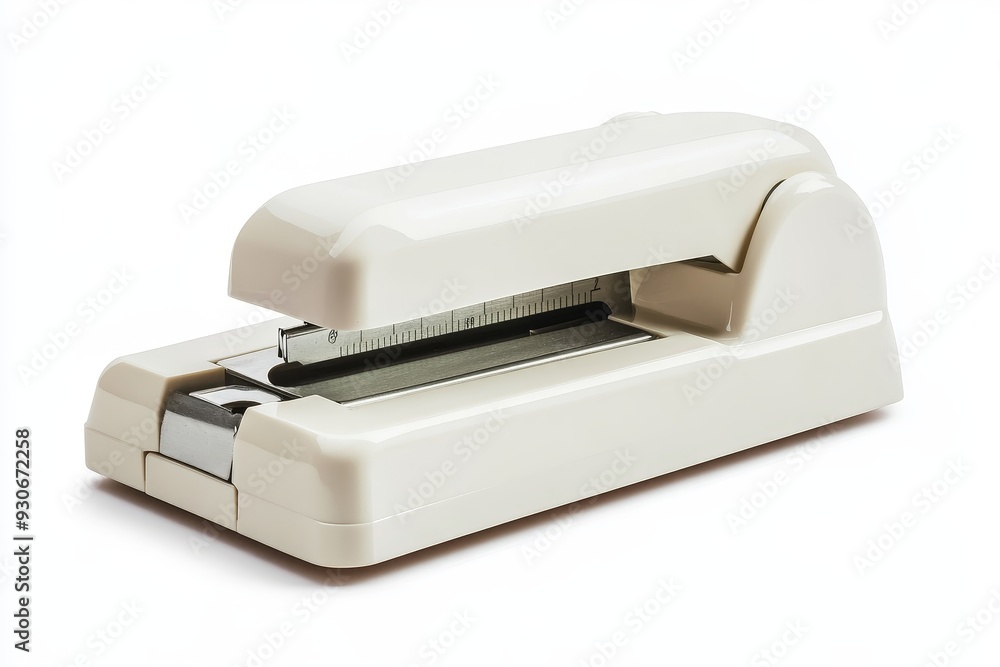 A modern, white stapler isolated on a white background. The stapler is ...