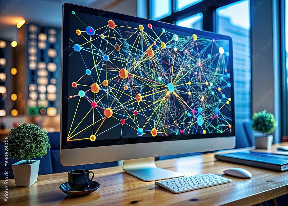 Data visualization on computer screen shows complex network of ...