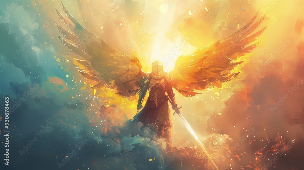 An awe-inspiring portrayal of an armored angel with wings holding a ...
