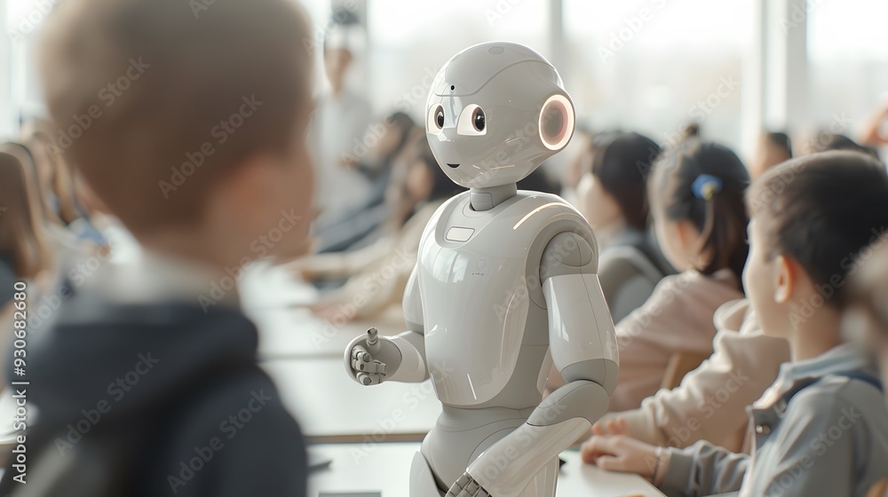 humanoid robot teacher pointing at a smart board filled with animated ...