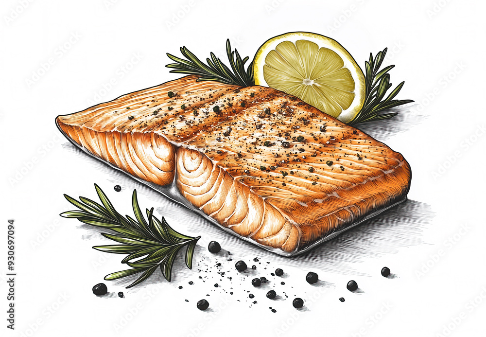 Seafood, salmon steak. Vintage retro print, seafood cuisine, grilled ...