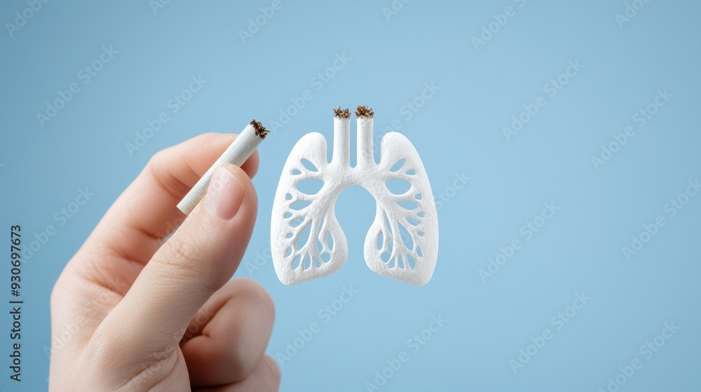 Hand Holding Broken Cigarette and 3D Printed Lungs on Blue Background ...
