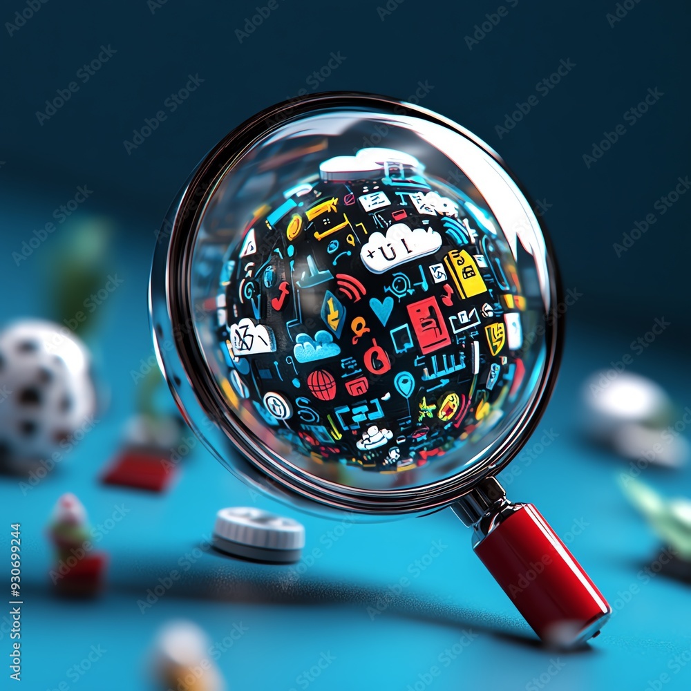 A 3D magnifying glass dissecting a digital sphere filled with icons ...