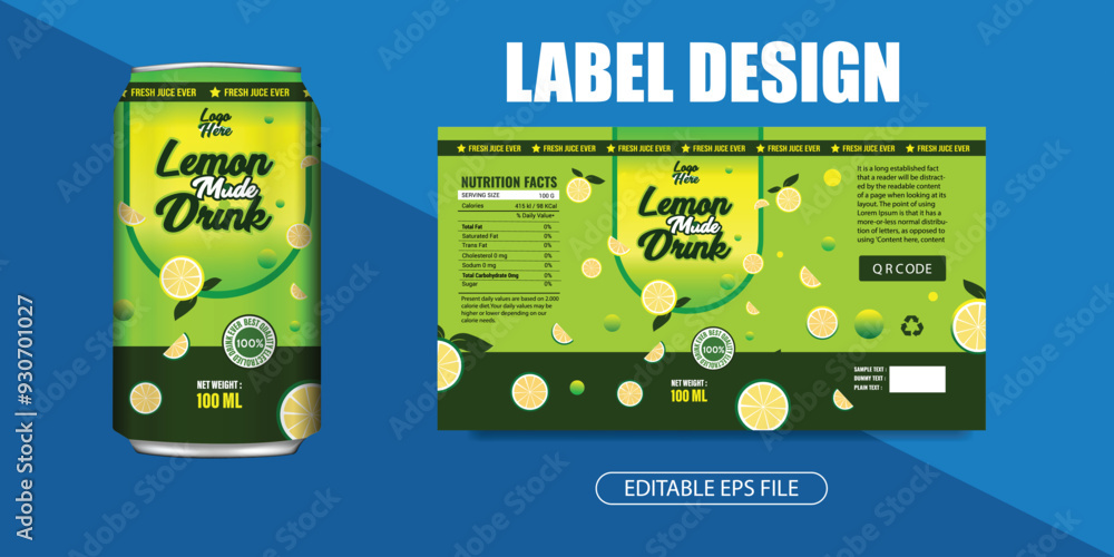 Lemonade label design, Soda can label, lemon drink label, editable ...