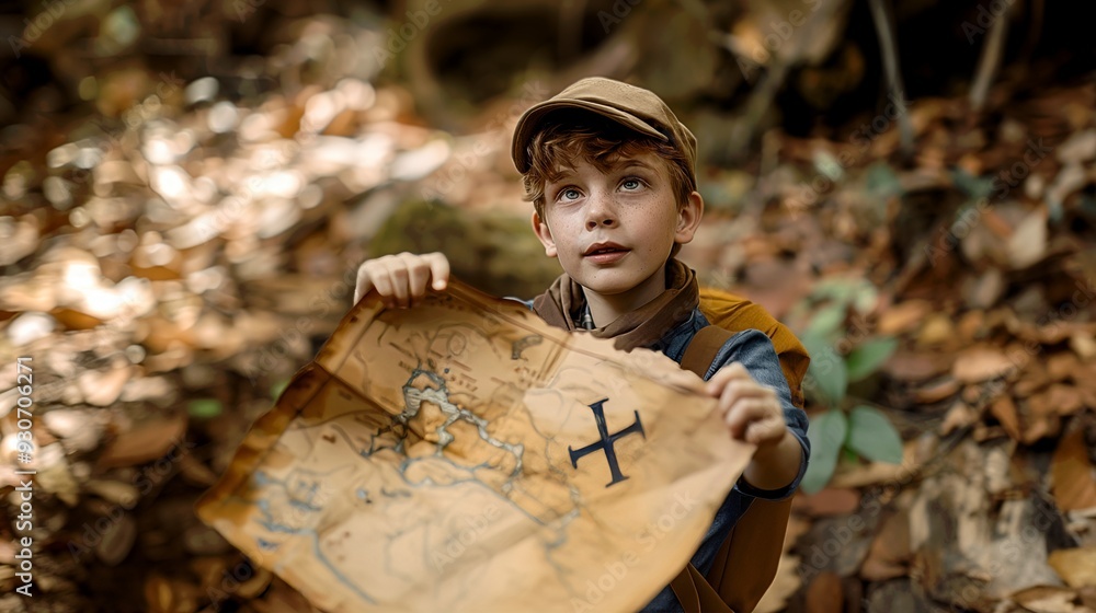 Young boy holding map on exciting treasure hunt adventure, X marks the ...