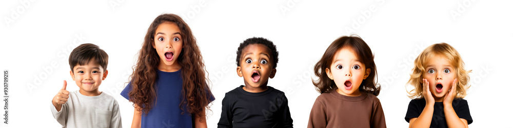 gang of positively shocked/amused kids; group of curious multicultural ...