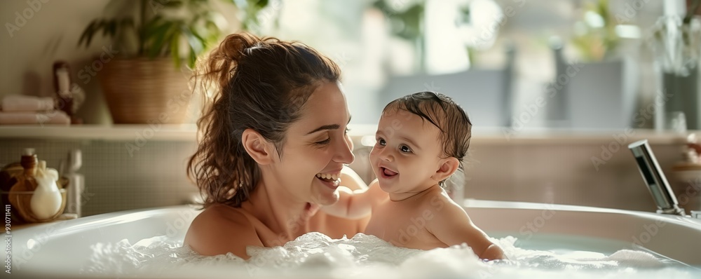Mother and baby daughter enjoy bath time in tub together smiling in ...