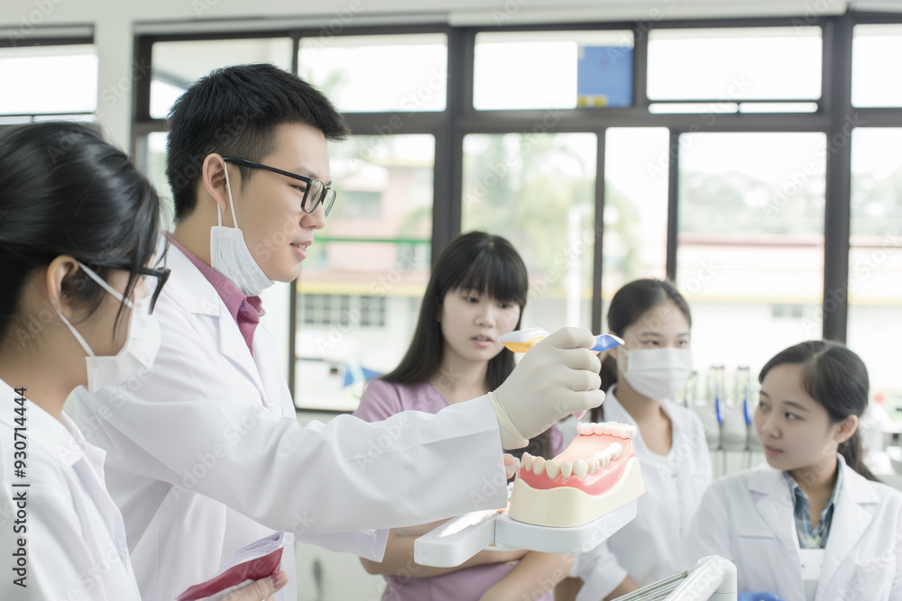 Dentist explaining dental procedure using a model to a group of ...
