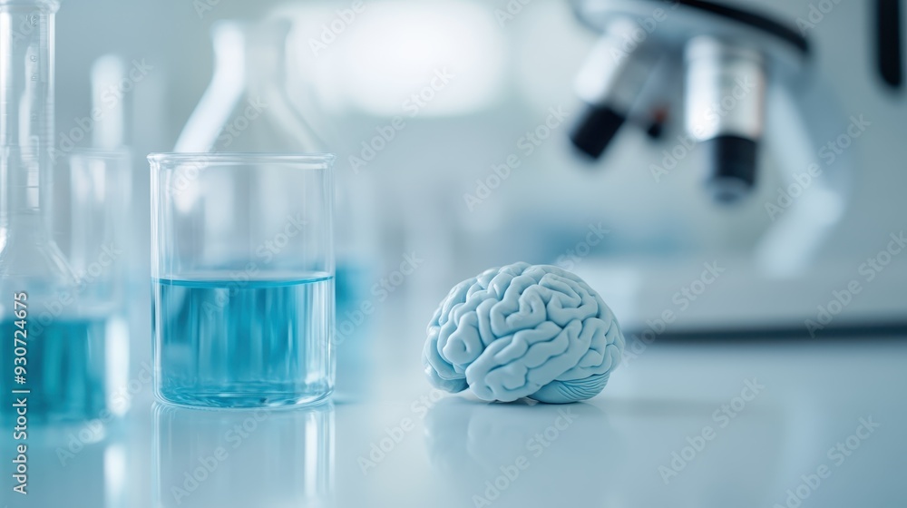 A laboratory scene featuring beakers filled with blue liquid and a 3D ...