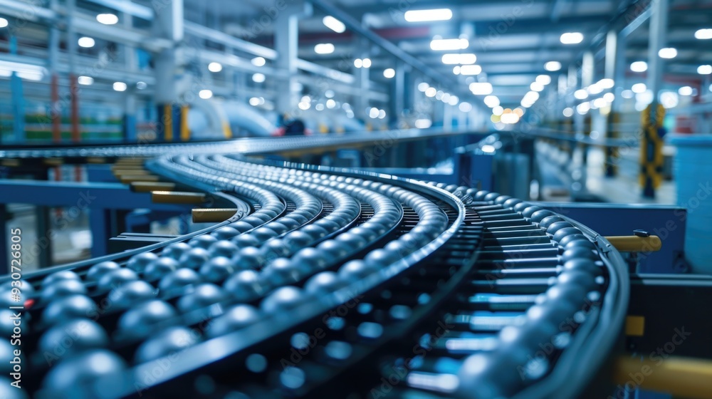 Industrial scene with metal balls moving along a conveyor belt in a ...