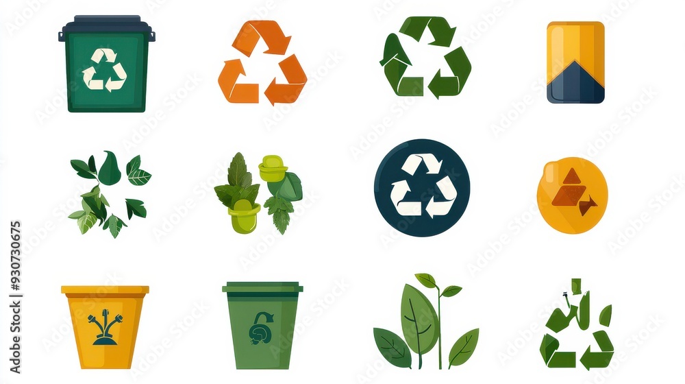 Vector icons depicting recycling symbols, composting, and eco-friendly ...