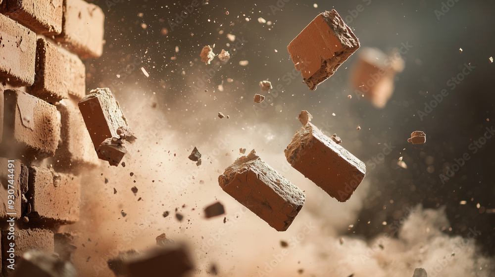 The impact of an explosion through a brown brick wall, with fragments ...