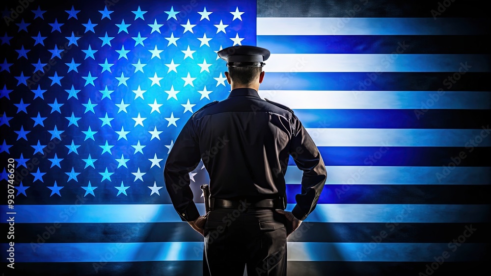 Proud law enforcement officer stands at attention, backlit by the ...