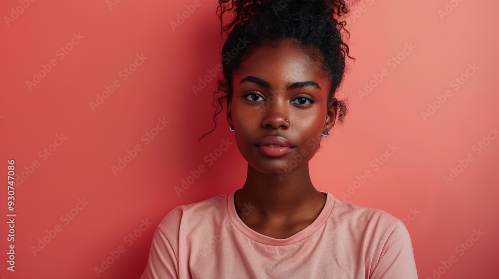 Black woman gen z model wearing tshirt looking at camera standing on ...