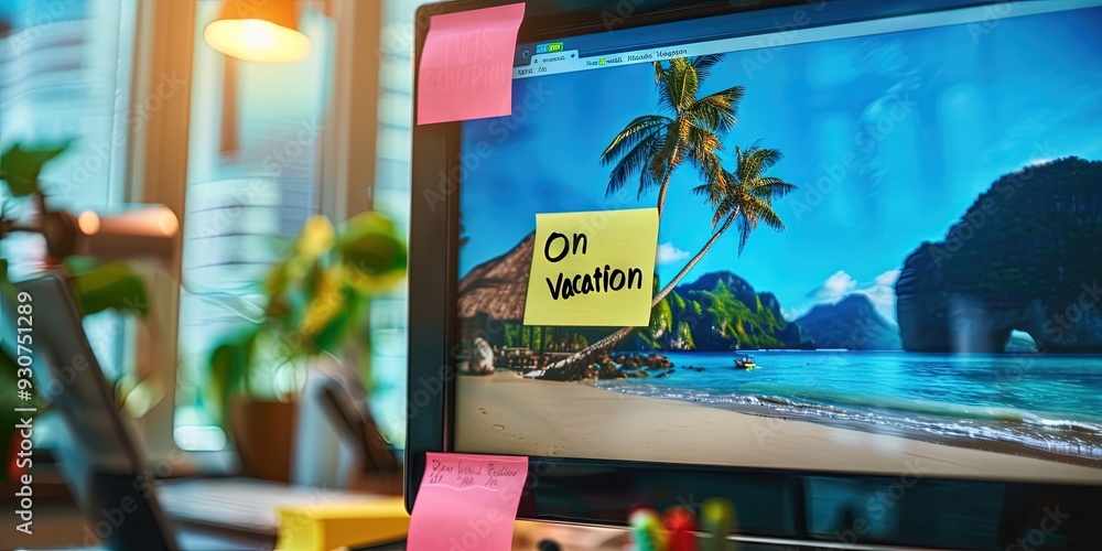 office with fluorescent sticky note, text "On Vacation" on computer ...