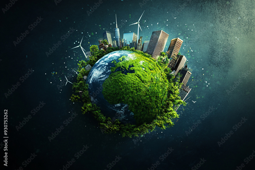 small green planet featuring skyscrapers and wind turbines represents ...