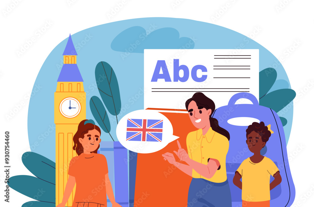 English language test. Woman teaches boy and girl international ...