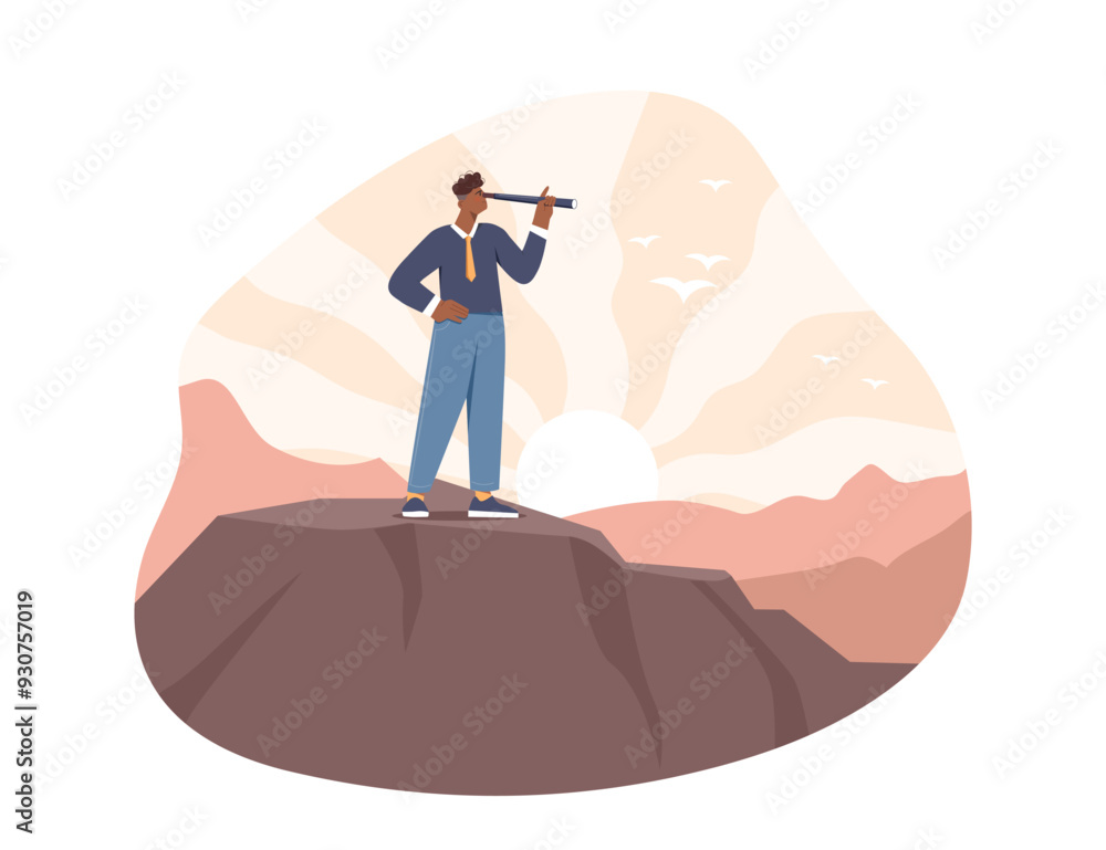 Man with future vision. Young guy with telescope stands on top of ...