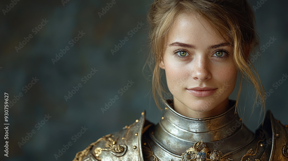 Mujeres al poder, joven rubia con armadura de caballero medieval ...