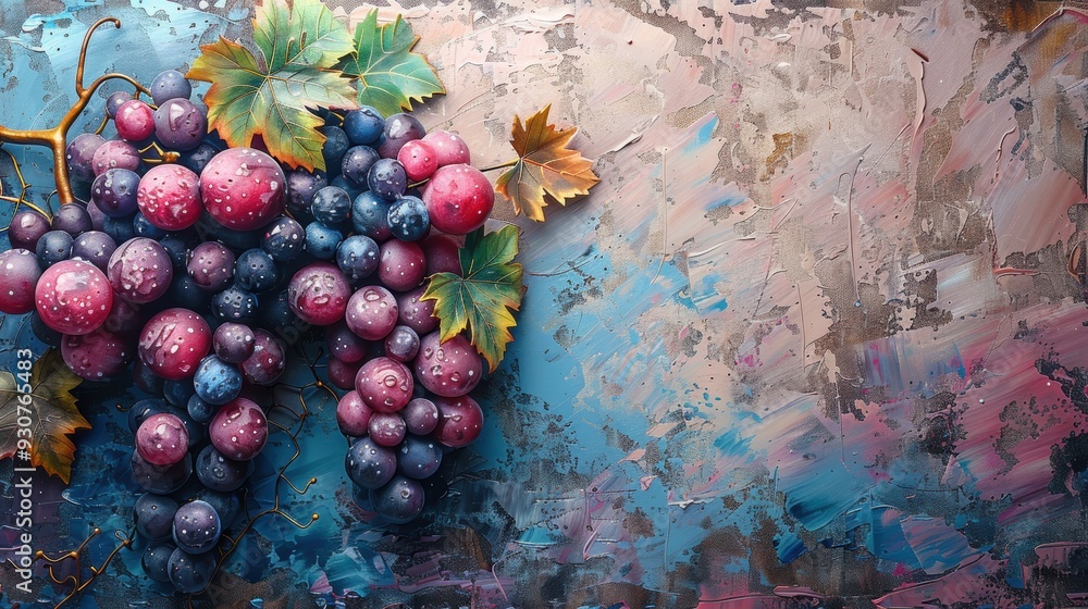 Dynamic painting of vibrant grapes on the vine, showcasing a blend of ...