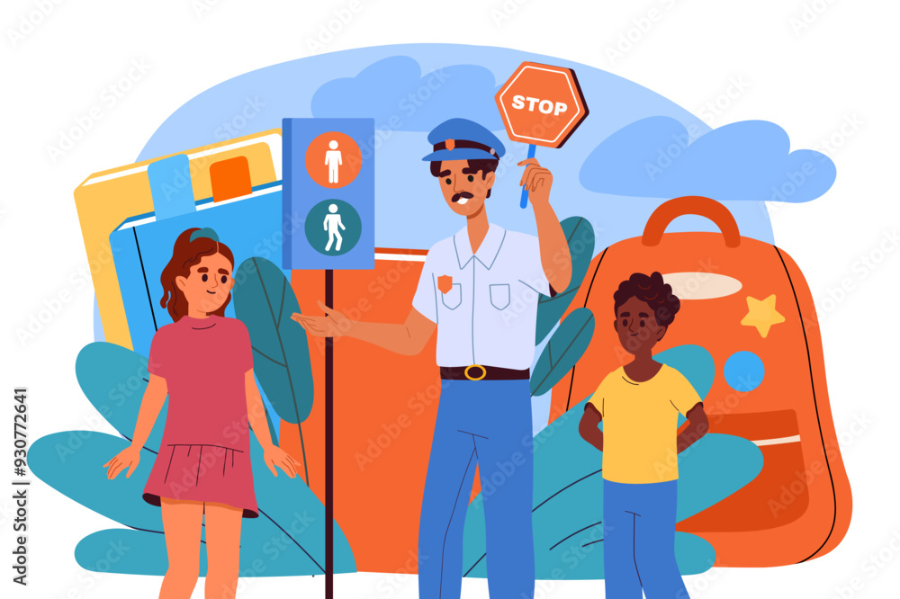 People with traffic rules. Police officer showing boy and girl stop ...