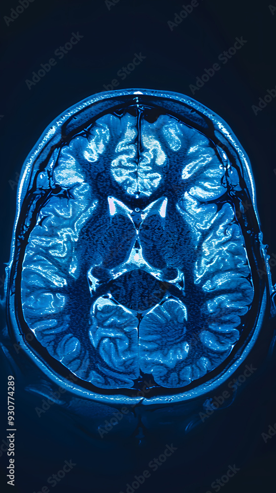 MRI scan of a brain highlighting neural pathways and structures in a ...