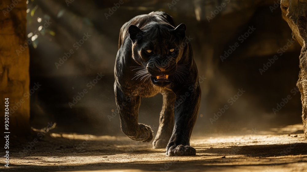 A fierce black panther walking forward, directly facing the camera at ...