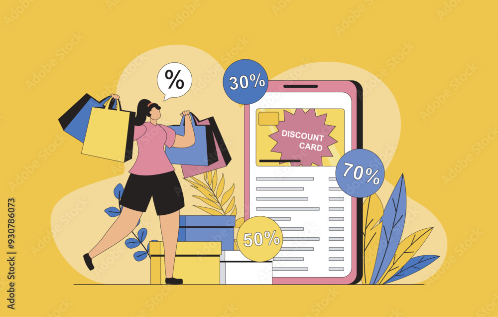 Shop loyalty program concept with modern flat design for web. Woman ...