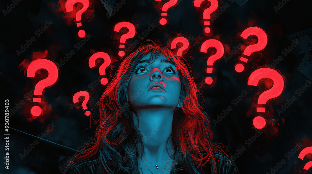 Red question marks floating above a woman's head as she is looking confused, worried and ...