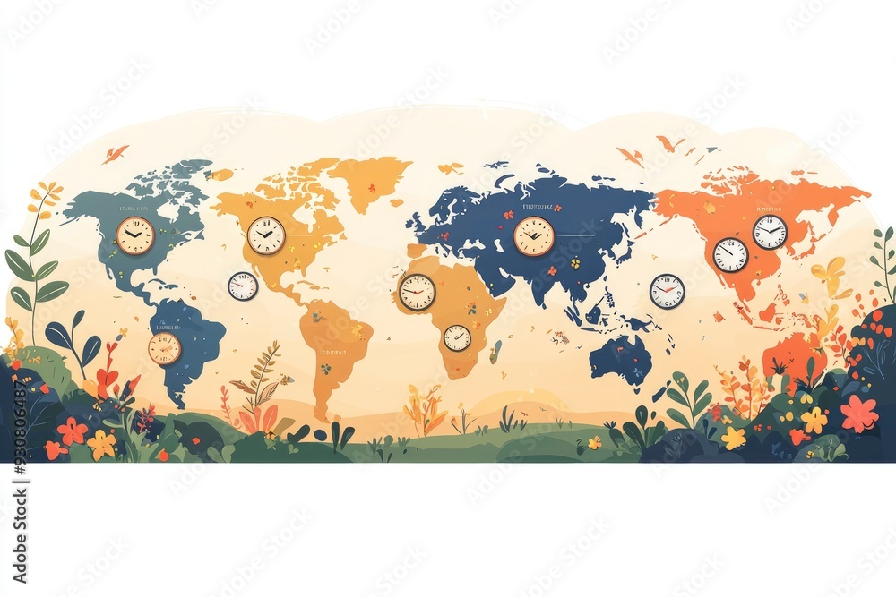 World Time Zones Illustration with Clocks on a Map Stock Illustration ...