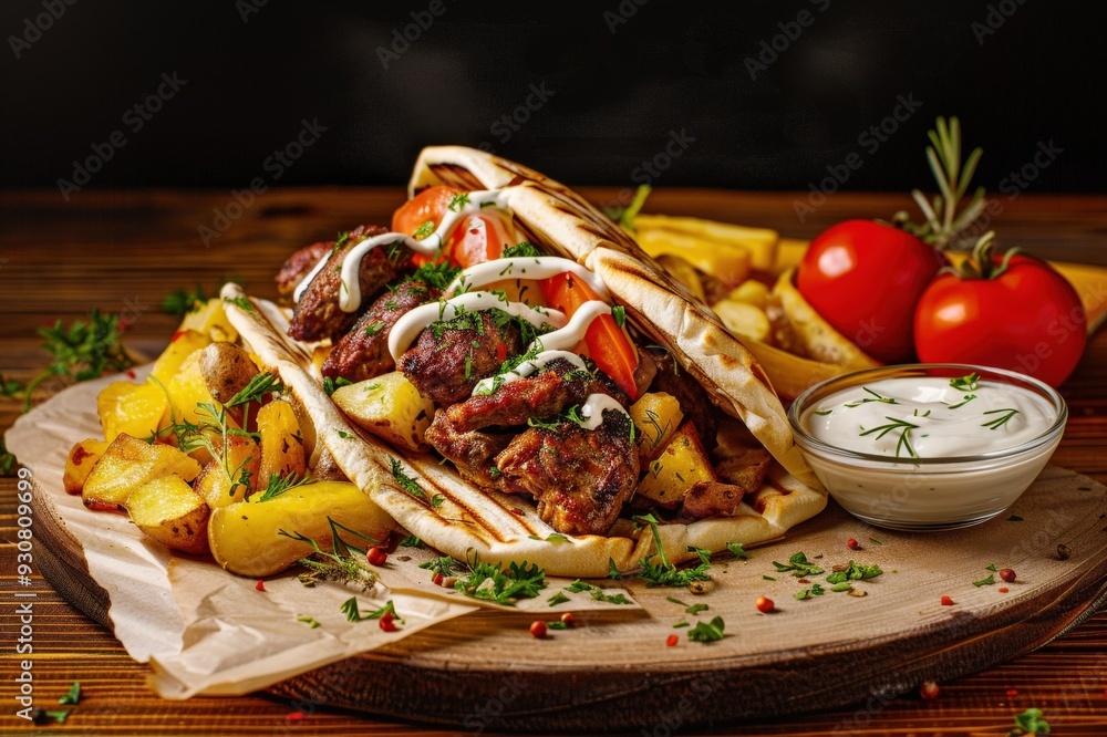 Detailed close-up photography of a delicious doner kebab on a wooden ...