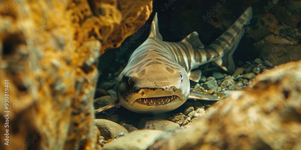 Front bamboo shark hiding inside small rock cave with selective focus ...