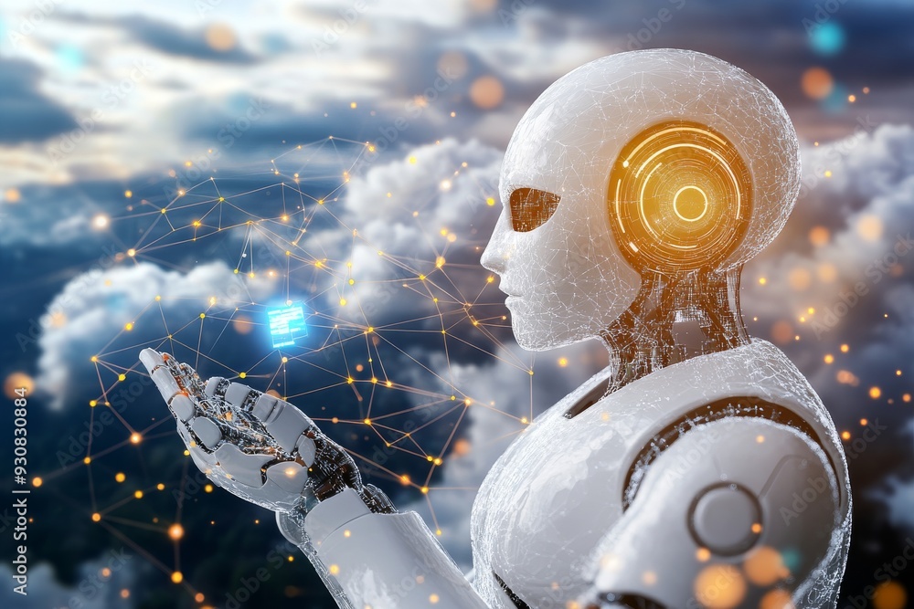 Humanoid robot interacting with a digital globe representing the fusion ...