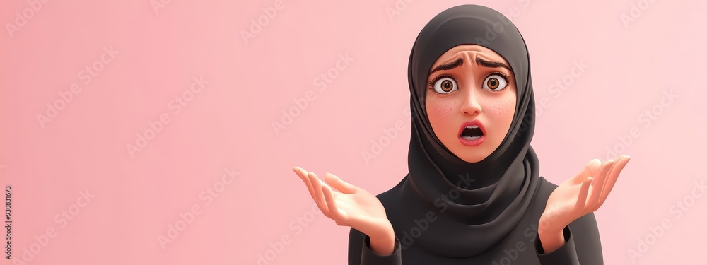 3D Cartoon Image of a Young Arab Woman in Hijab Arguing in a Pink ...