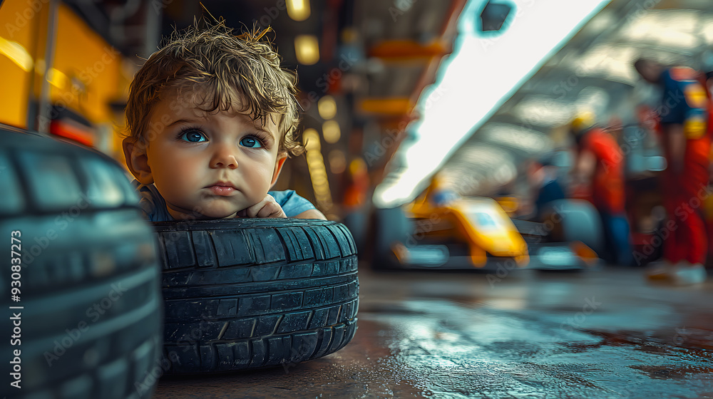 A little boy sitting inside a race car tire in a pit stop on a race ...