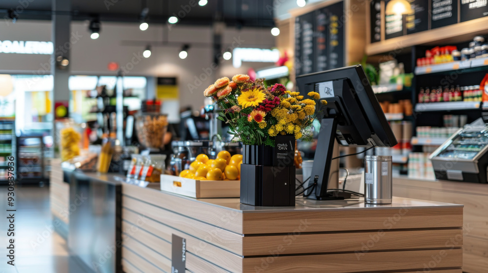 Checkout counter in a contemporary grocery store, featuring fresh ...