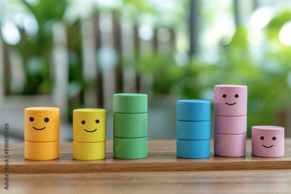 Smiley Face Wooden Peg Dolls Stacked in a Gradual Progression ...