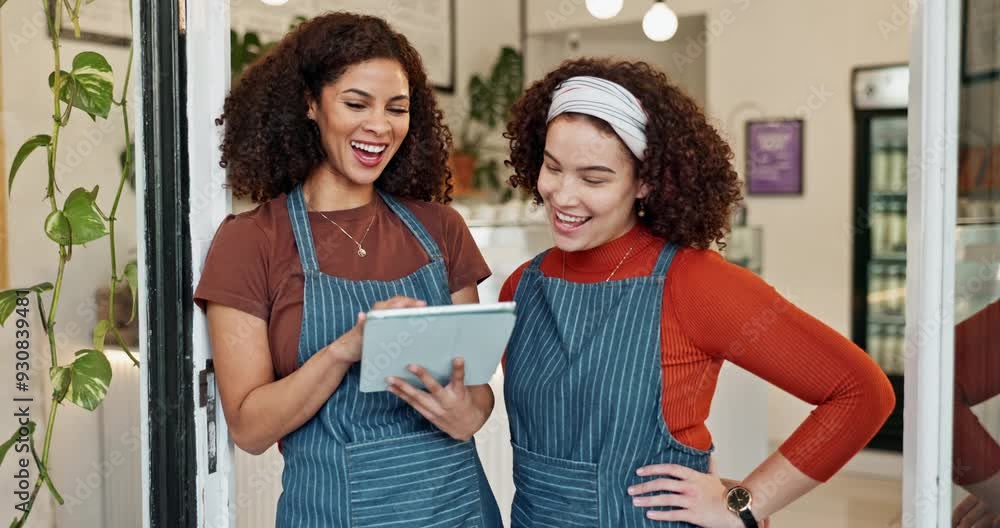 Tablet, door and waitress team by cafe planning internet menu for ...