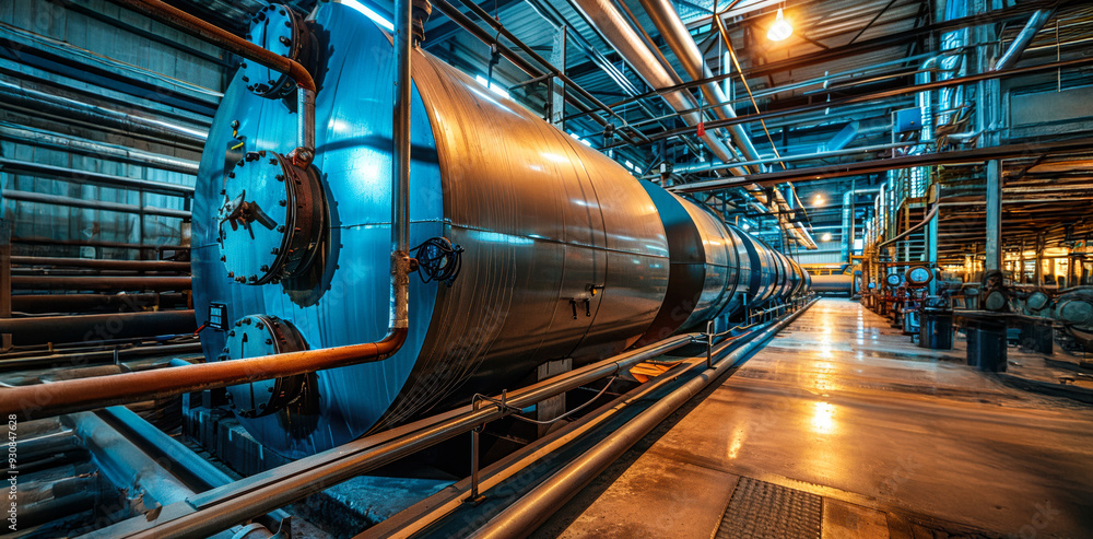 Industrial storage tanks and pipelines inside a manufacturing facility ...