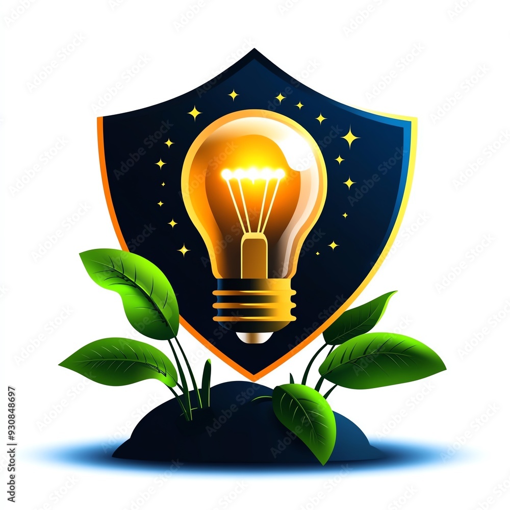 An innovative light bulb protected by a shield, representing green ...