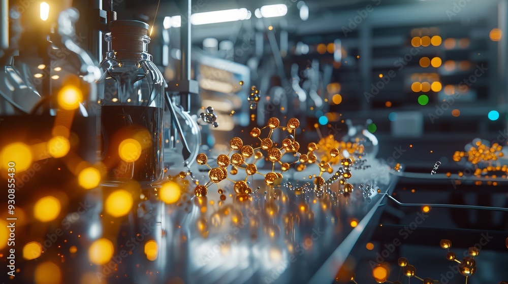 Neon lit scientific research facility with dynamic particle ...