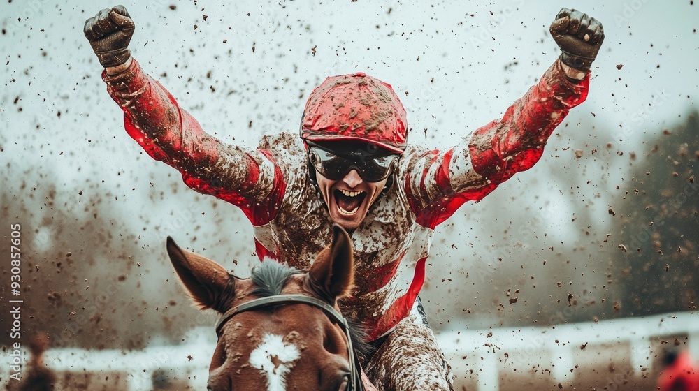 A jockey celebrates victory on a muddy track. This image captures the ...